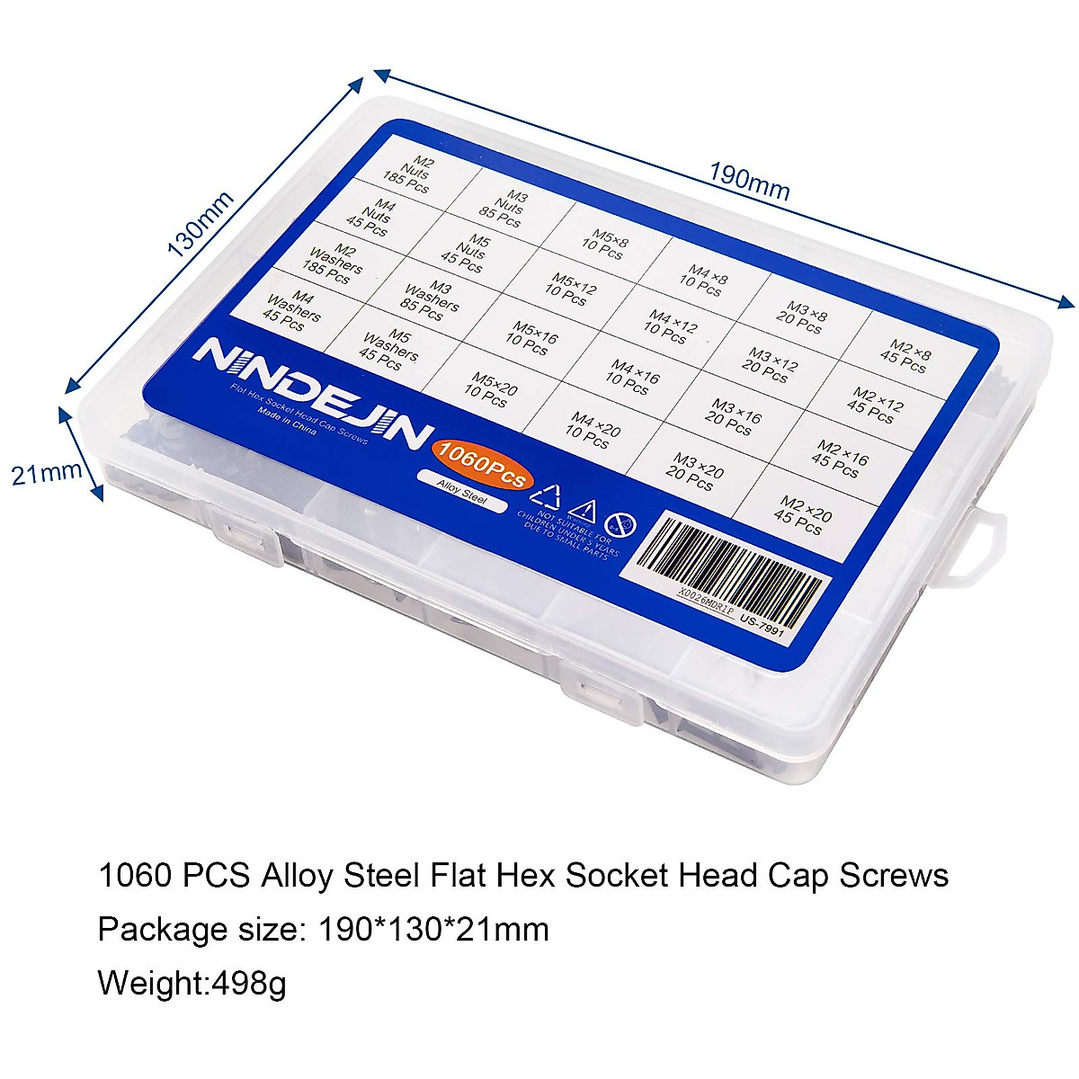 NINDEJIN Hex Socket Flat Head Screw M2 M3 M4 M5 Bolts Nuts and Washer Assortment Kit, 1060PCS Metric Screws with 4PCS Allen Wrenches, Small Black Machine Screws Set, 12.9 Carbon Steel