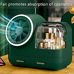 YXYH Cosmetic Organizer with Fan and 360° Rotating LED Mirror 3 Color Adjustable Standing Countertop Multifunctional Makeup Storage Box ( White)