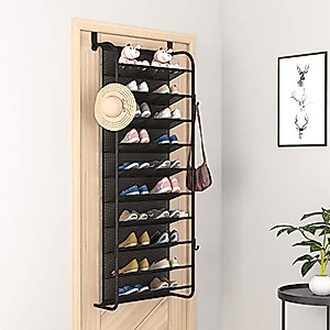 FKUO 10-Tier Over The Door Shoe Organizer Hanging Shoe Storage with 2 Customized Strong Metal Hooks for Closet Pantry Kitchen Accessory - Space Saving Solution (10 Layer, Black&Hooks)