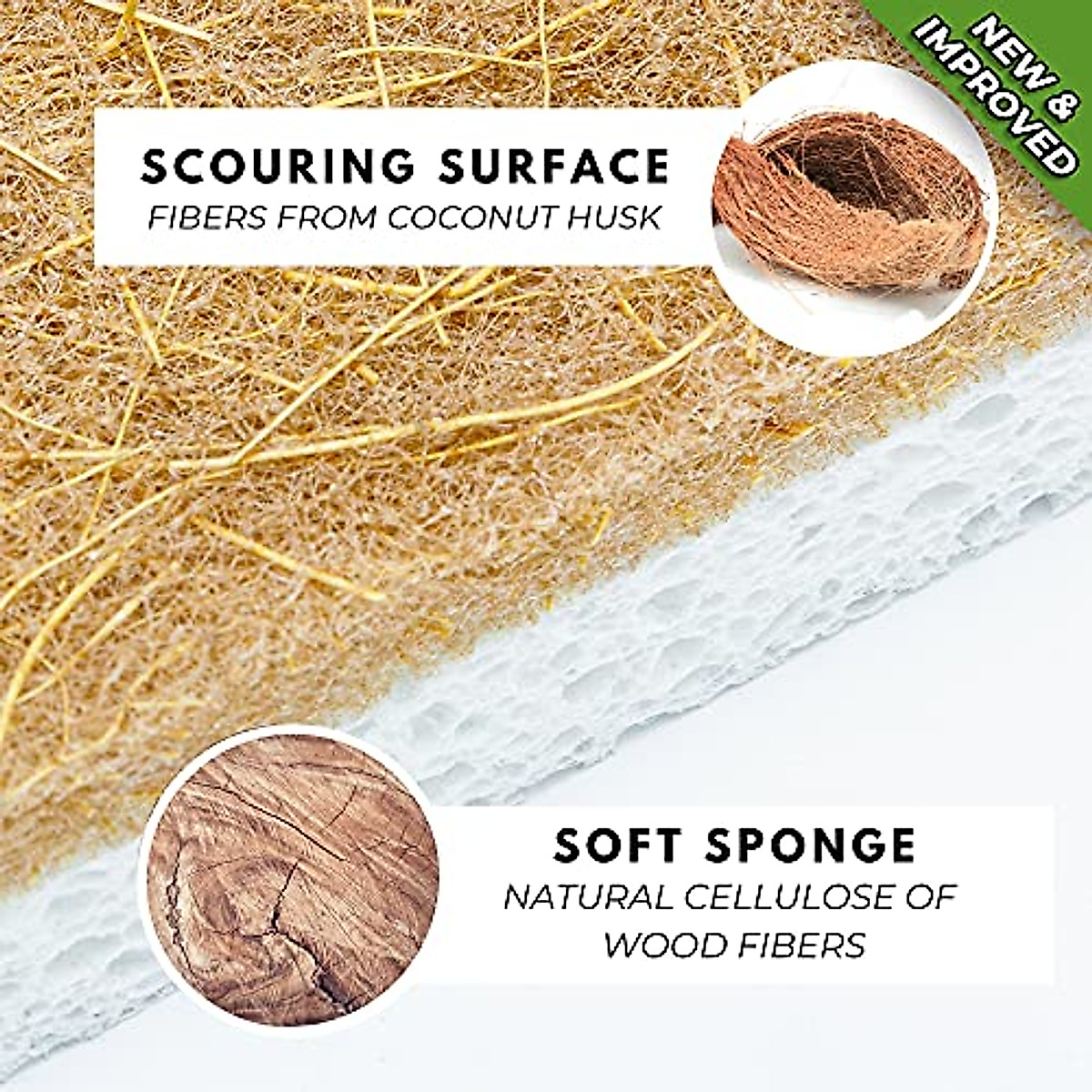 Zen Living Natural Sponge - Eco-Friendly Scrub Sponges for Kitchen - Non Scratch Odor Free Biodegradable Plant Based Scrubber Pads for Cleaning Dishes - Best Wooden Pulp Sponge (Brown-White, 12 Pack)