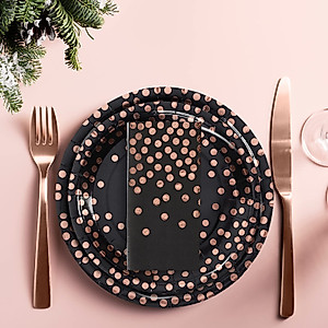 CENLBJ Black and Rose Gold Party Supplies,Disposable Party Dinnerware,Black Rose Golden Dot Paper Plates,Napkins,Forks forWeddings Birthday Graduation Decor Serve 25