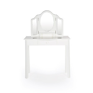 Guidecraft Classic White Vanity and Stool Set for Kids Age 3-8, Pretend Play Vanity with Mirrors for Girls, Wooden Makeup Table with Storage Drawer