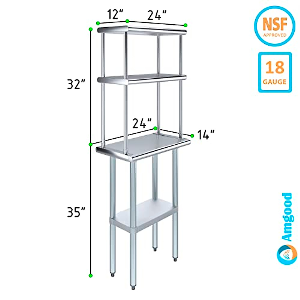 AmGood Stainless Steel Work Table with 12" Wide Double Tier Overshelf | Metal Kitchen Prep Table & Shelving Combo | NSF (Stainless Steel Table with Double Overshelves, 24" Long x 14" Deep)