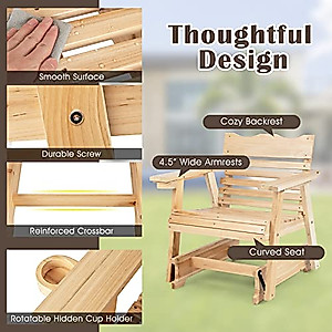 Giantex Outdoor Glider Rocking Chair - Wood Porch Rocker with High Back, Widened Armrests, Curved Seat, Rotatable Cup Holder, Patio Slat Rocking Chair for Backyard, Balcony, Poolside, Natural