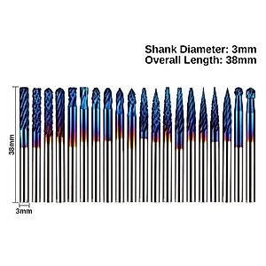 Genmitsu 20pcs Carbide Burrs Set Nano Blue Coating Rotary Files 0.118”(3mm) Shank Fits Most Rotary Drill Die Grinder for Woodworking, Engraving, Drilling, Carving, RR20A