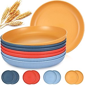 POVTOKA Reusable Wheat Straw Plates Set of 8, 9 Inch Unbreakable Dinner Plates, Dishwasher & Microwave Safe, Lightweight Plastic Tableware for Kids & Adult