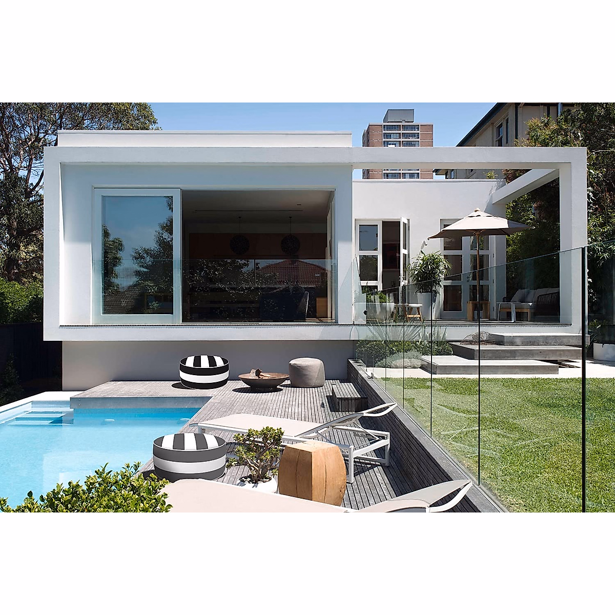 FBTS Prime Inflatable Footstool Ottoman Black Stripe Round 21x9 Inch Patio Foot Stools and Ottomans Portable Footrest