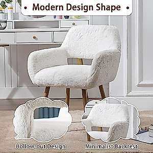 GOOLON Desk Chair No Wheels 1 PC, Modern Fluffy Office Chair, Furry Vanity Chair for Bedroom with Hollow-Out Backrest Comfy Armrest Soft Cushion Sturdy Wood Frame with Metal Legs for Home, White
