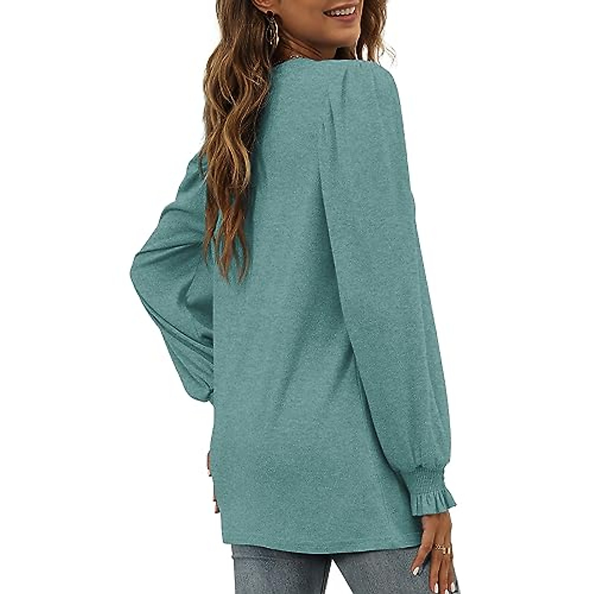 XIEERDUO Womens Oversized Sweatshirts Comfy V Neck Long sleeve Top Trendy Winter Solid Tunic Turquoise 2XL