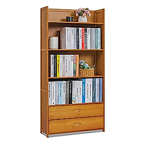 MoNiBloom 4 Tier Bookcase with 2 Drawers, Bamboo Large Multifunctional Shelf Storage Organizer Book Display Shelves for Home Living Room Office, Brown