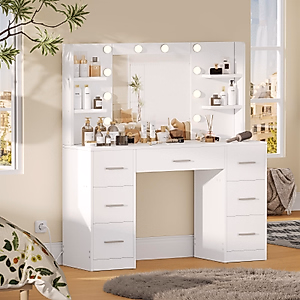 Irontar Vanity Desk, Makeup Vanity with 10 LED Lights & 7 Metal Sliding Drawers, Brightness Adjustable, Vanity Table with 6 Open Shelves, Makeup Table for Women, White WDT005W