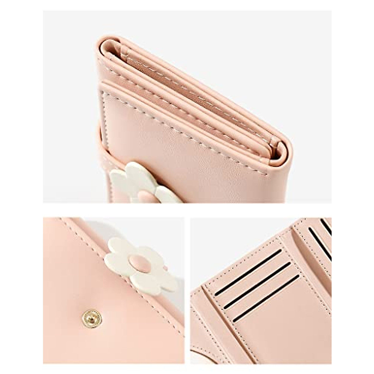 MEISEE Cute Small Wallet for Girls Women Tri-folded Wallet Cash Pocket flowers PU Leather Print Card Holder Coin Purse with ID Window (2-pink)