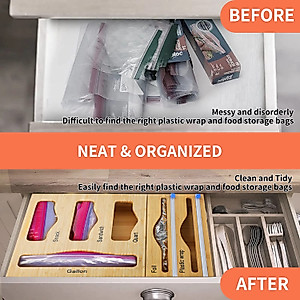 Foil and Plastic Wrap Organizer with Ziplock Bag Organizer - Evdekoru 6 in 1 Bamboo Aluminum Foil Dispenser with Cutter for Kitchen Drawer, Plastic Food Bag Organizer for Gallon,Quart,Sandwich
