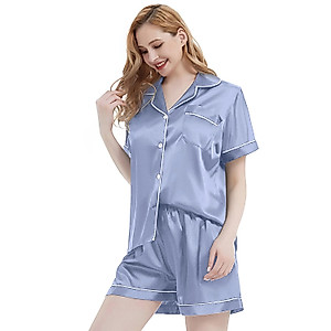 NANJUN Womens Silk Satin Pajamas Short Sleeve Sleepwear Bride Soft Button Down Loungewear 2 Piece Pjs Set XS-3XL(Y2K-Blue, M)