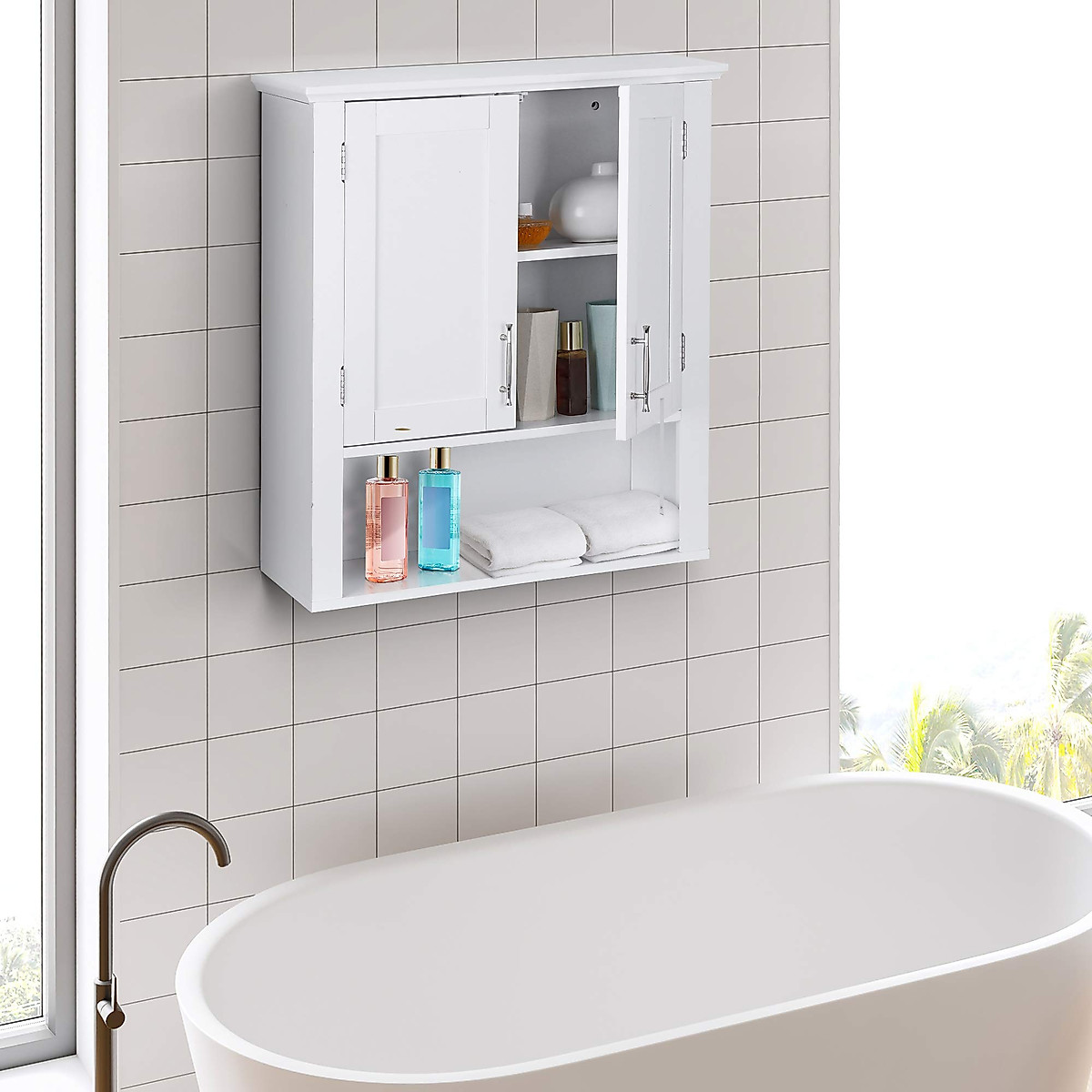 Saicool Bathroom Medicine Cabinet Kitchen Office Surface Mount Wooden Storage Cabinet with 2-Doors and 1- Shelf Cottage Collection