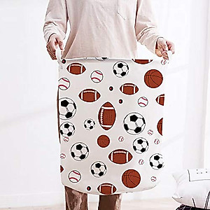Runtoo 19.7" Large Sized Laundry Hamper Waterproof Foldable Canvas Sports Basketball Football Bucket Clothing Basket with Handles for Storage Bins Kids Room Home Organizer Nursery (sport theme)