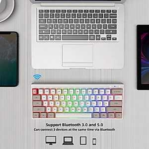 Ractous RTK61BP 60% Wireless Mechanical Gaming Keyboard,RGB Blacklit PBT Sublimation Keycaps 61keys Bluetooth5.1/Wried Gaming Keyboard for PC/Mac Gamers,Hot-Swap Gateron Optical Red Switch-White