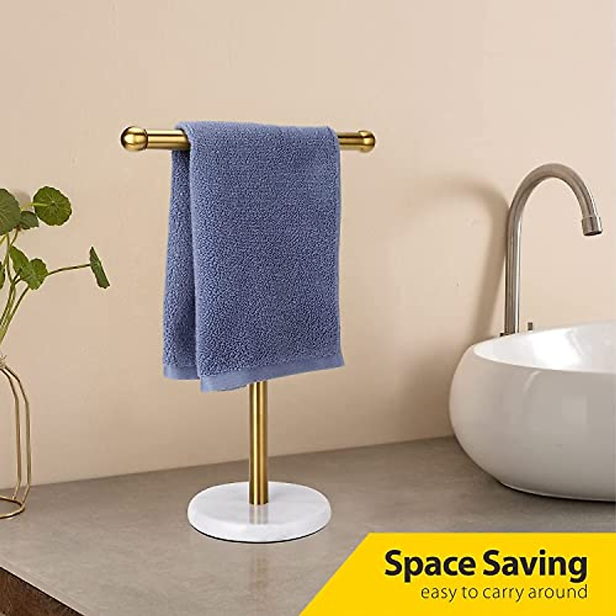 Pkfinrd Gold Hand Towel Holder Stand with Heavy Marble Base, T-Shape Towel Rack, Free-Standing for Bathroom Vanity Countertop, 304 Stainless Steel (Color : Gold)