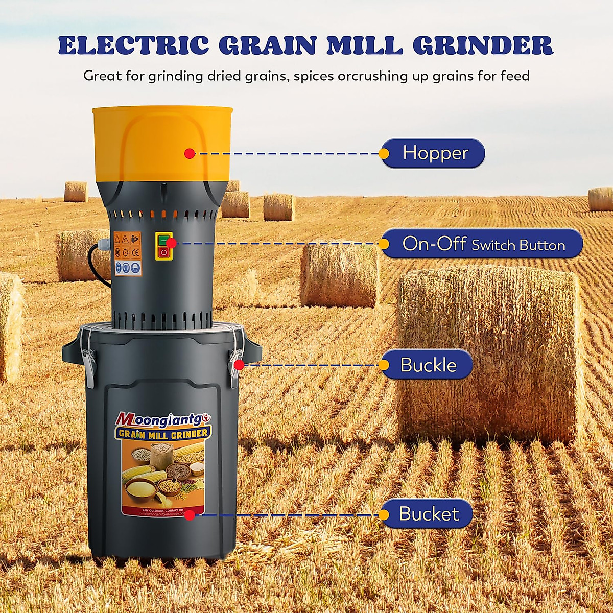 Moongiantgo Grain Mill Grinder Electric Corn Grinder 1300W Feed Mill Dry Cereals Grinder Detachable 6.6 Gal Bucket & Hopper, with 5 Sieves + 1 Socket Wrench, Molino de Maiz, 110V (25L)