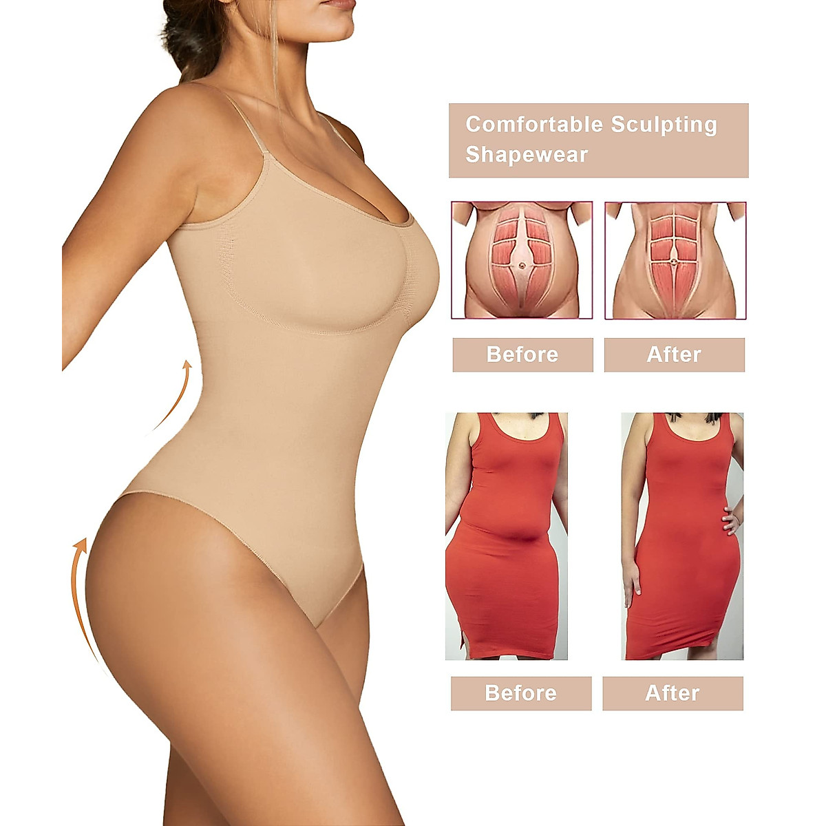 SHAPERX Women's Shapewear Bodysuit Tummy Control Body Shaper Seamless Sculpting Snatched Waist Body Suit，SZ5215-Beige-L/XL