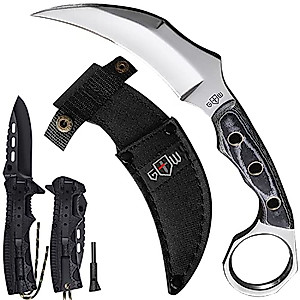 Bundle of 2 Items - Pocket Knife - Tactical Folding Knife - Knife with Fire Starter Paracord Handle - Claw Knife Micarta Handle Sharp Blade - Camping Knives - CSGO Karambits for Men and Women - Gifts