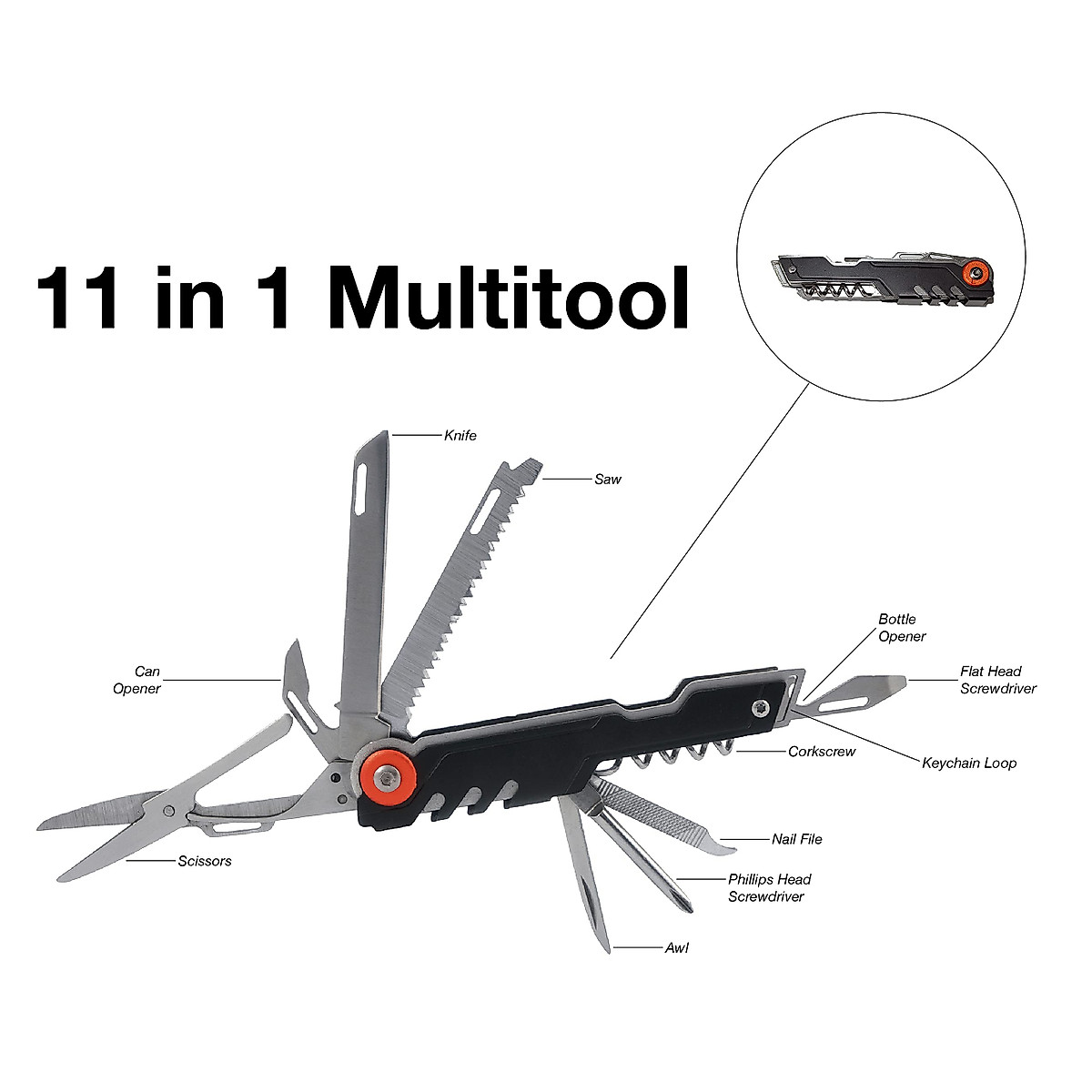 AceCamp 11-in-1 Compact Multi-Tool Pocket Knife, Blade, Saw, Scissors, Corkscrew, Nail File, Screwdrivers, Small Pick, Thread Loop, Bottle and Can Opener
