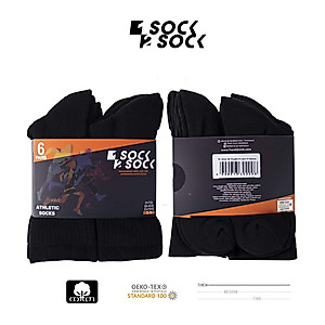 1SOCK2SOCK 6 Pack Performance Cotton Cushion Crew Athletic Sport Socks Moisture Wicking Arch Support Band Black
