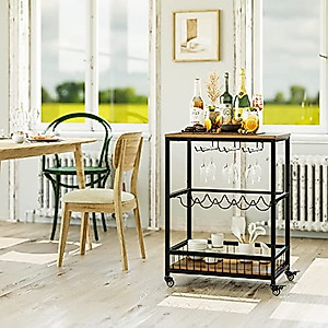 HITHOS Industrial Bar Carts for The Home, Mobile Bar Serving Cart, Wine Cart on Wheels, Beverage Cart with Wine Rack and Glass Holder, Rolling Drink Trolley for Living Room, Kitchen, Rustic Brown