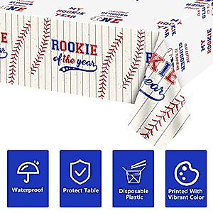 4 Pack Rookie of The Year Tablecloths, 51x87'' Baseball 1st Birthday Plastic Table Covers My Rookie Year Tablecloth for Boys First Baseball Party Decorations, Baseball 1st Birthday Party Supplies