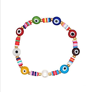 2Pcs/Set Rainbow Clay Beads Evil Eye Bracelets Set Stackable Beaded Handwoven Colorful Bracelet Surfer Summer Boho Layering Friendship Jewelry for Women Men Girls Boys Beach Gift