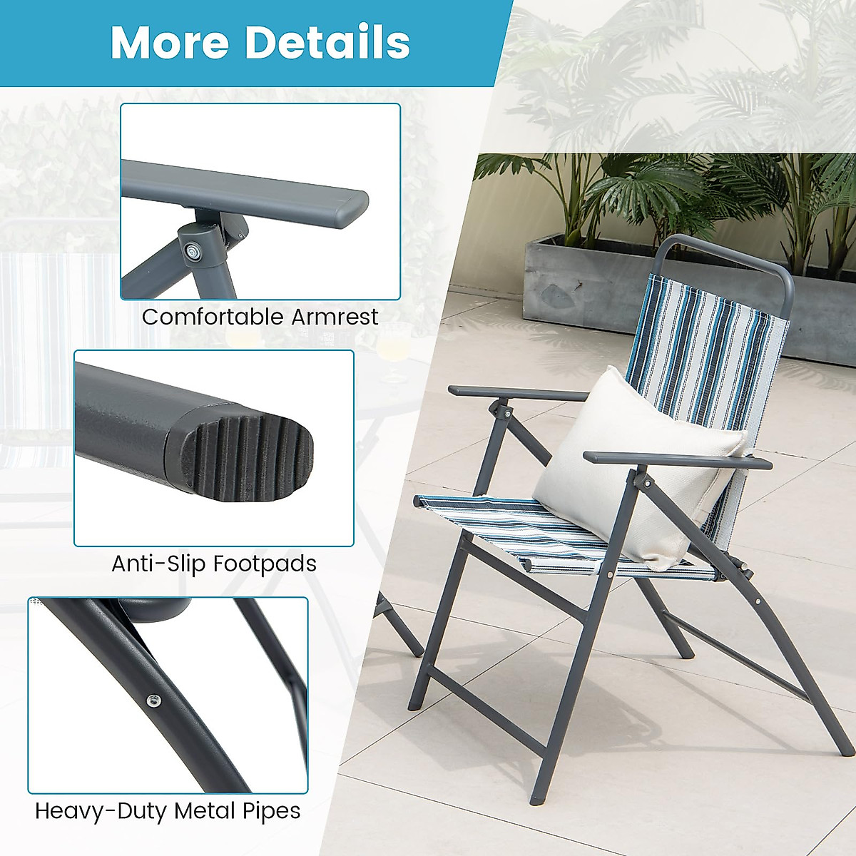 Tangkula 3 Piece Outdoor Folding Chair Set, 2 Folding Chairs with Folding Table, Heavy-Duty Metal Frame, Outdoor Dining Chair Set, Portable Patio Bistro Set for Backyard, Poolside, Balcony