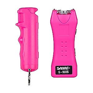 SABRE Pepper Spray & 2-in-1 Stun Gun with Flashlight, Self Defense Kit, Fast Flip Top Safety, Finger Grip for Better & Faster Aim, Painful 1.60 µC Charge, 120 Lumen LED Light, Rechargeable, 0.54 fl oz