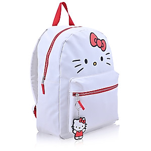 Hello Kitty Womens Backpack Large Faux Leather Bookbag Double Strap Shoulder Bag with 3D Design and Keychain (White-Red)
