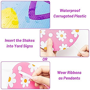 WATINC 10Pcs Easter Yard Sign Hanging Ornaments Bunny Eggs Flower Heart Star Outdoor Lawn Signs Hunt Games Spring Party Decorations Photo Props for Outside Garden Tree Wall with Stakes & Ribbons