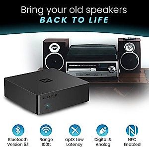 BluDento B1 Bluetooth Stereo Receiver, HD True Hi-Fi V5.1 Audio Receiver, Onboard TI DAC for Analog Stereo RCA Output with Long Range, Digital Coaxial and Optical Output with NFC Pairing Enables