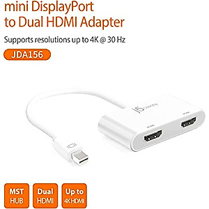 j5create Mini DisplayPort to Dual 4K HDMI MST Adapter, Compatible with Microsoft Surface Pro 2, Surface Book, HP OMEN 15-CE051NR and More (JDA156)