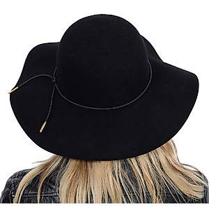 Lanzom Women Lady Retro Wide Brim Large Floppy Panama Hat Belt Wool Fedora Hat (A-Black, One Size)