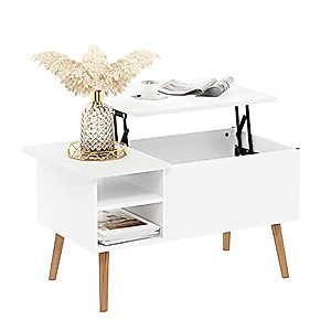 Furinno Jensen Wooden Leg Lift Top Coffee Table with Hidden Compartment and Side Open Storage Shelf for Living Room, Solid White