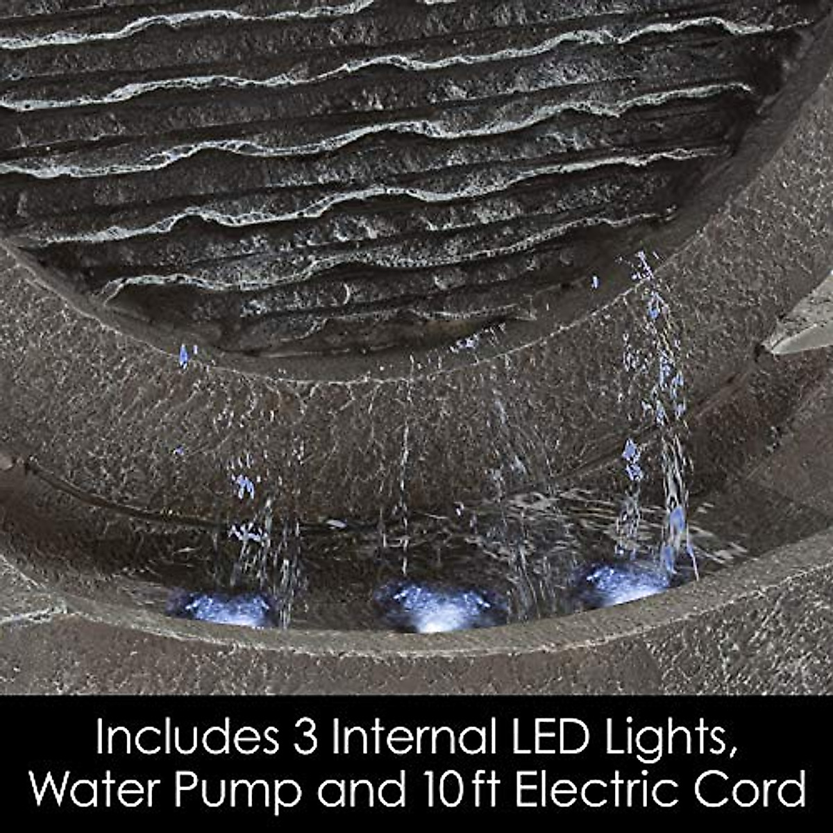 Round Cascade Outdoor Fountain - 18.5-Inch Modern Polyresin Waterfall with Stone Wall Design and LED Lights for Outdoor Decor by Pure Garden (Gray)