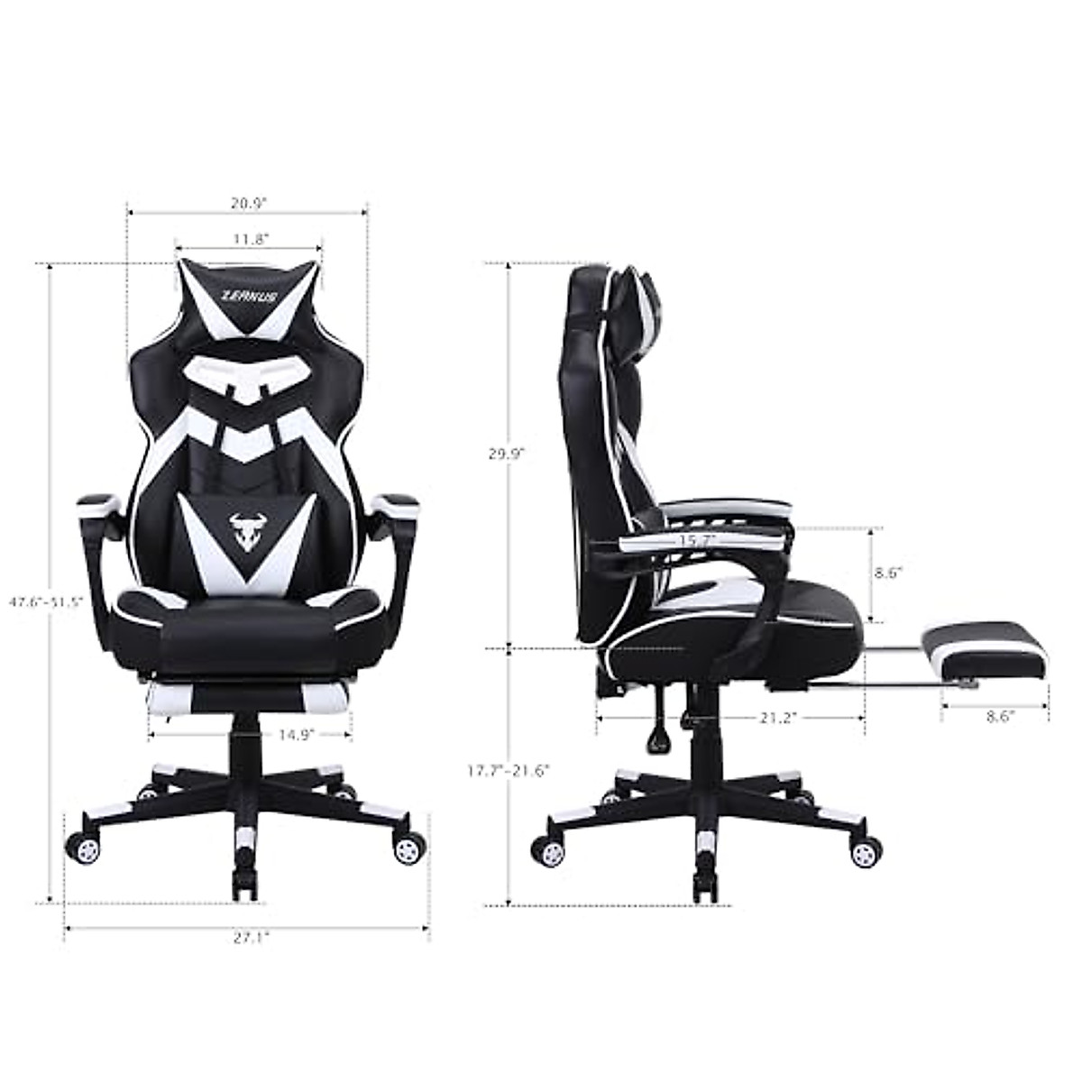 Zeanus Ergonomic Gaming Computer Chair, Recliner Computer Chair with Footrest, Office Gamer Chair with Massage, Big and Tall Racing Chair, Gaming Chairs for Adults, High Back Gaming Desk Chair White