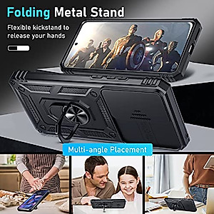 Motorola Moto Edge 2022 Case Built in Slide Camera Cover and Screen Protector [Not for Edge Plus],Heavy Duty Shockproof Full Body Phone Cover,Built in Finger Ring Stable Holder Kickstand,2022 Black
