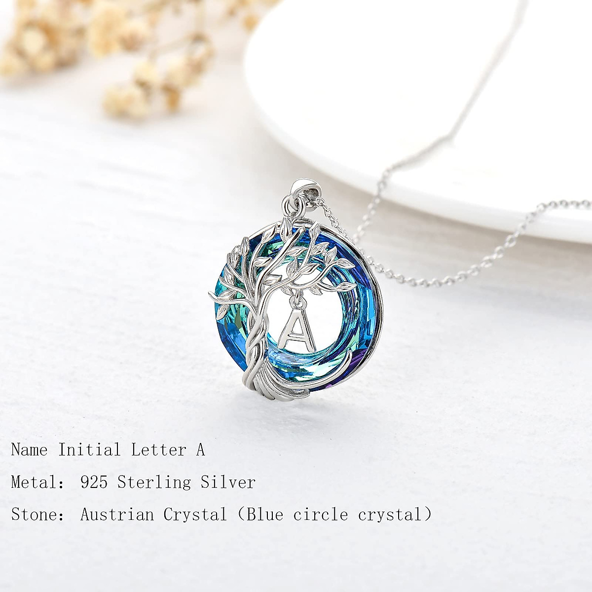 TOUPOP Necklace for Women Tree of Life Initial Necklace 925 Sterling Silver Initial A Letter Pendant Blue Circle Crystal Jewelry Anniversary Birthday Christmas Gifts for Women Wife Mom