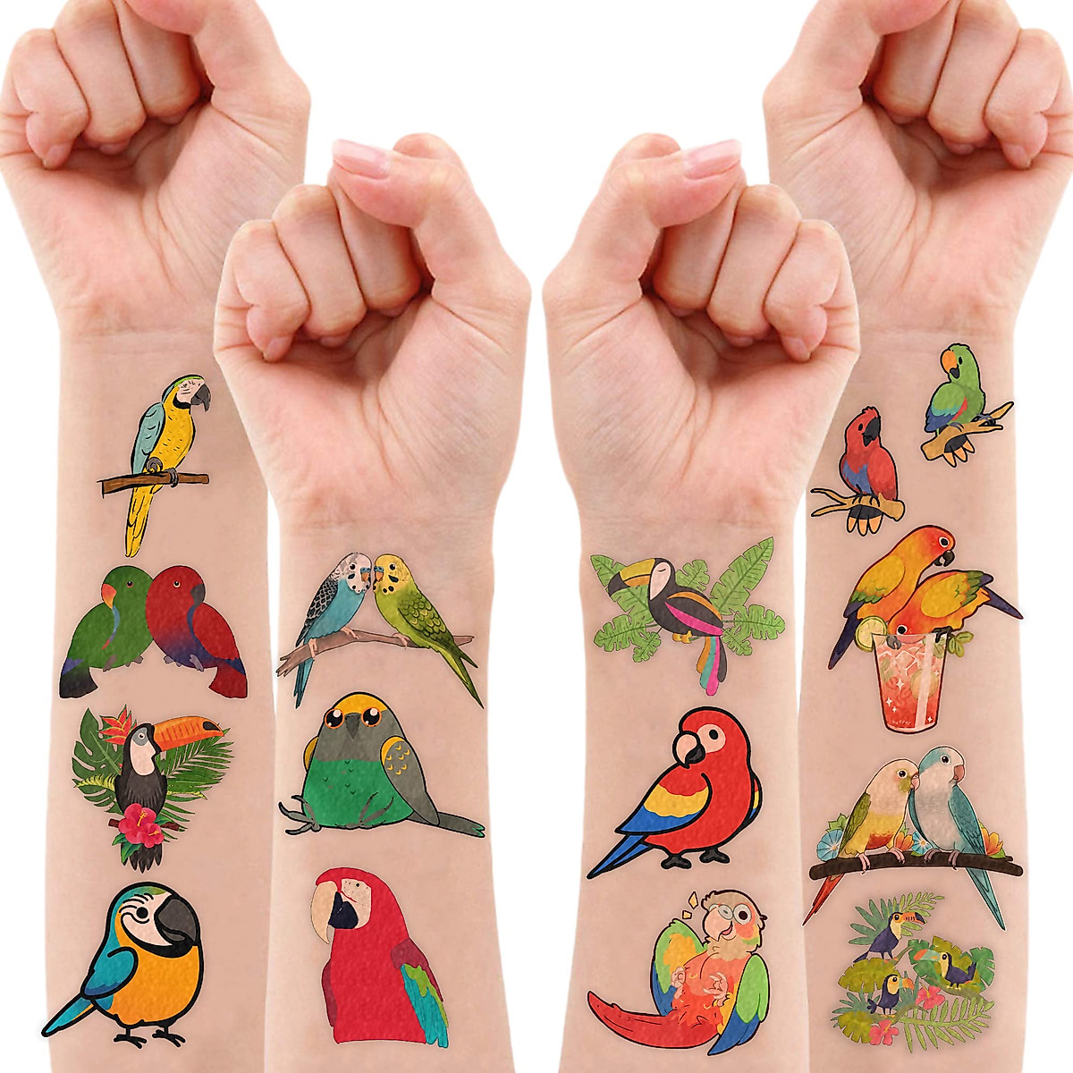 8 Sheets (96PCS) Parrot Bird Temporary Tattoo Stickers Tropical Themed Birthday Party Decorations Supplies Favors For Kids Boys Girls Gifts Classroom School Prizes Rewards