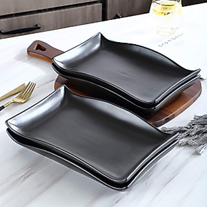 Bruntmor Appetizer Plate Set of 4 Elegant Matte 10"x7" Rectangular Curvy Ceramic Restaurant Christmas Platter | Serving Inner Fluted Dessert Salad Plates, Christmas eve - Black.