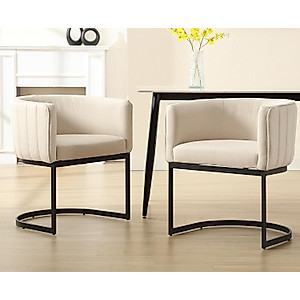 Kmax Linen Fabric Dining Chairs Set of 4 Modern Barrel Arm Chairs with Metal Frame Upholstered Kitchen Chairs for Living Room, Dining Room, Hotel, Beige