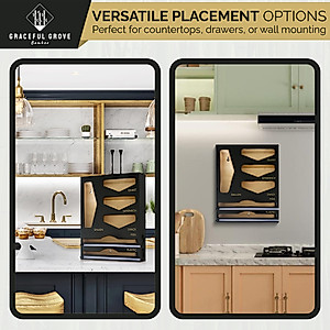 Graceful Grove Bamboo Food Bag Organizer: Kitchen Drawer Organizer with Wrap Dispenser and Cutter - Foil and Plastic Wrap Holder - Fits Gallon, Quart, Sandwich, Snack Bags, and 12" Rolls (Black)