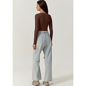 QINSEN Woman's Thick Long Sleeve Slimming Fit One Piece Bodysuit for Fall Winter Brown M