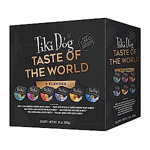 Tiki Dog Taste of The World Whole Food, Vareity Pack of Gourmet International Flavors in Broth, Culinary Inspired High Protein and Moisture Rich Superfoods Wet Dog Food, 3 Oz Cups, Case of 10
