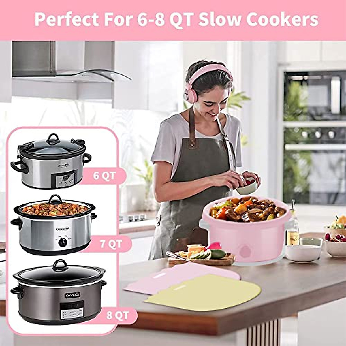 3 Pack Slow Cooker Liners Leakproof Newly upgraded, Easy Clean Crock Pot Liners Reusable Silicone bag liners Fit 6-8 Quarts Oval or Round Pot