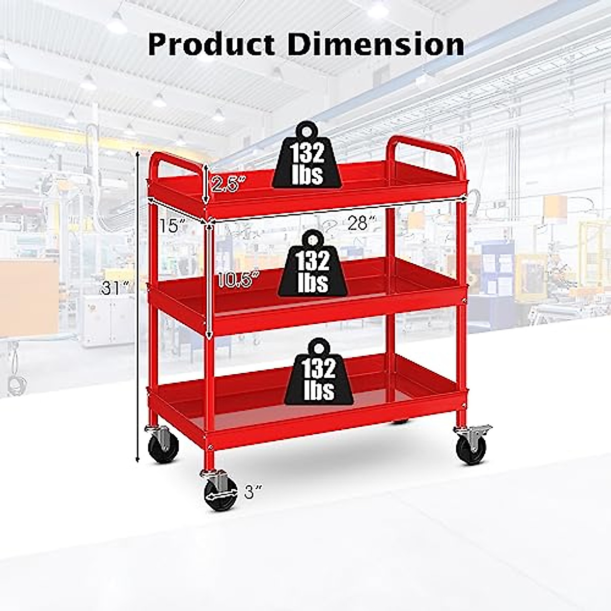 Goplus Service Cart, Heavy Duty 3-Tier Utility Cart with Flat Handle, 2 Lockable Universal Wheel, 400 lbs Capacity, Rolling Tool Cart for Garage, Kitchen, Hotel, Office, Workshop, Restaurant
